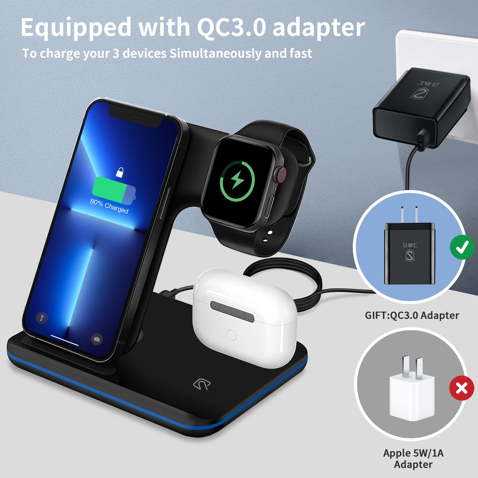 Charger Station for Apple Multiple Devices, ZHIKE 3 in 1 Wireless Charger Stand Dock for iPhone 14 13 12 11 Pro X XS 8 Plus Apple Watch Series 7 6 SE 5 4 3 2 & AirPods 3/2/Pro with Adapter