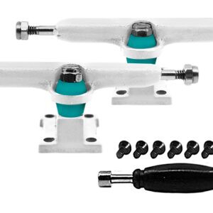 Teak Tuning Prodigy Fingerboard Trucks with Upgraded Lock Nuts, White Colorway - 32mm Wide - Includes Teal Pro Duro 61A Bubble Bushings