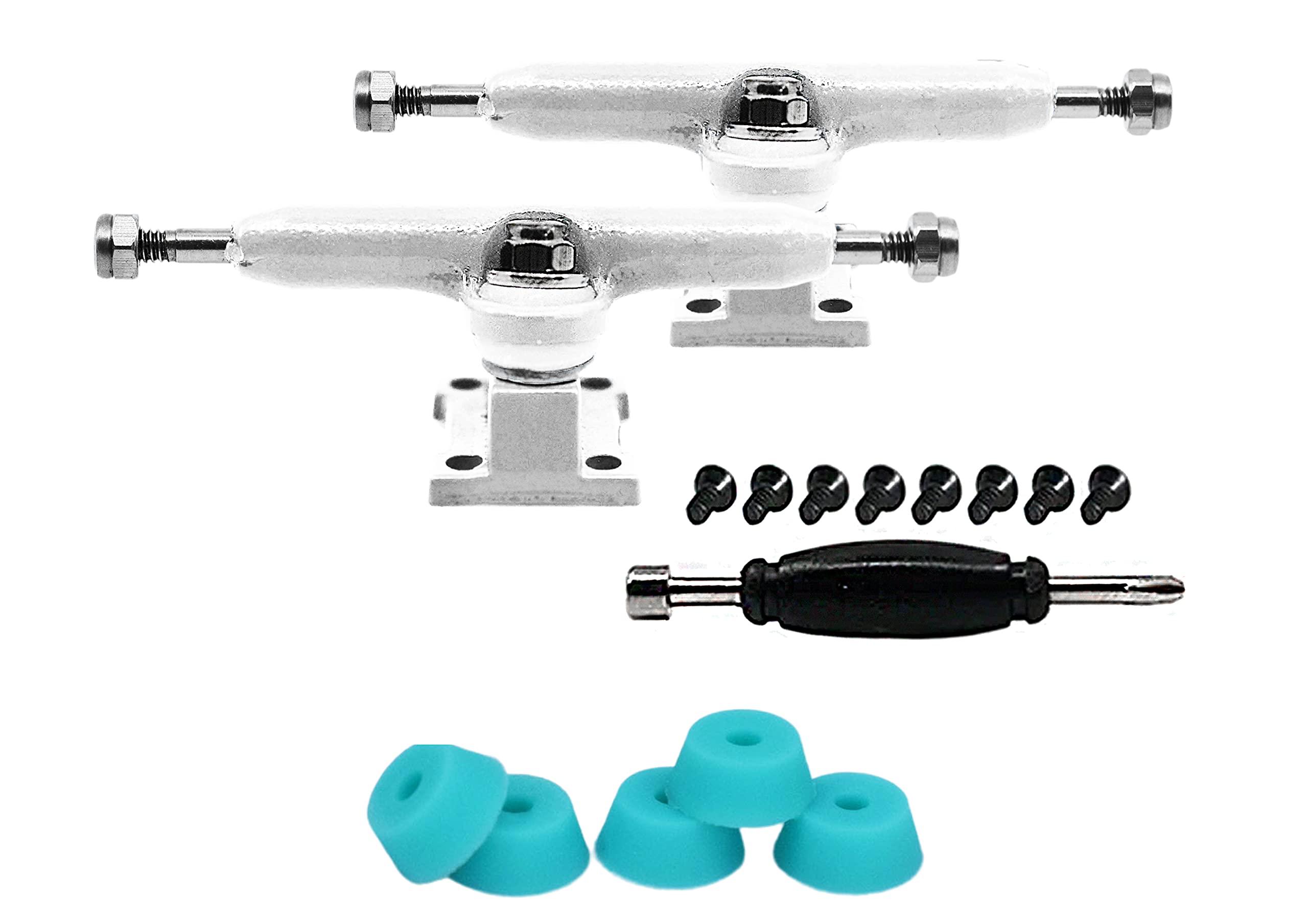 Teak Tuning Prodigy Fingerboard Trucks with Upgraded Lock Nuts, White Colorway - 32mm Wide - Includes Teal Pro Duro 61A Bubble Bushings