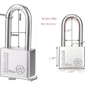 Padlock 40mm Long Beam Gym Locker Lock Keyed Padlocks,Stainless Padlock with 4 Keys，Stainless Lock with Key Padlock,Suitable for Gym Locker Lock,toolboxes,Doors, Fence,(Silver)