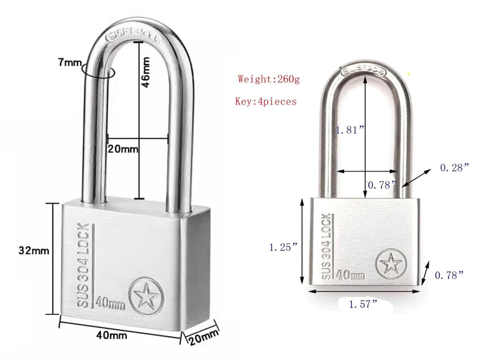 Padlock 40mm Long Beam Gym Locker Lock Keyed Padlocks,Stainless Padlock with 4 Keys，Stainless Lock with Key Padlock,Suitable for Gym Locker Lock,toolboxes,Doors, Fence,(Silver)