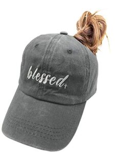 manmesh hatt blessed ponytail hat messy bun vintage washed distressed twill plain baseball cap for women (grey, one size)