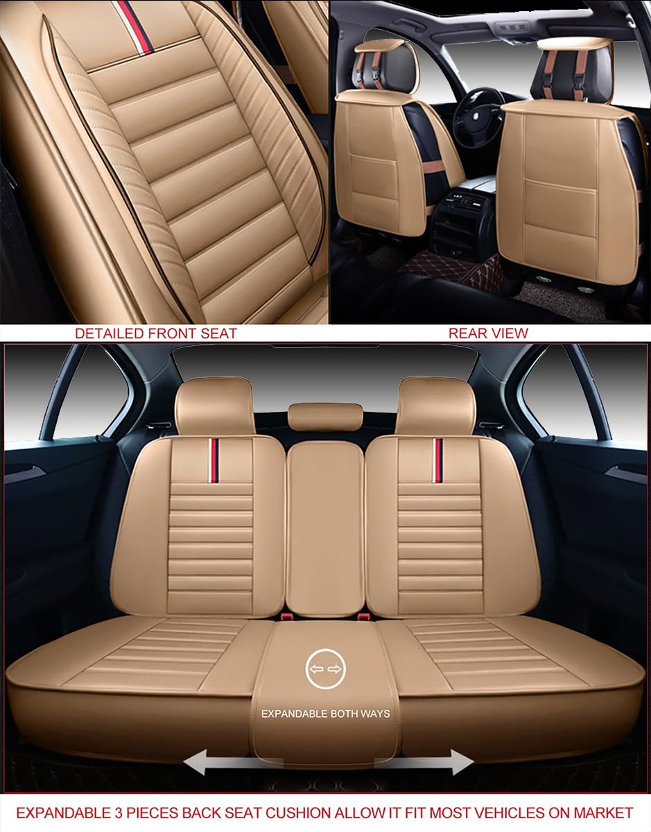 OASIS AUTO Car Seat Covers Premium Waterproof Faux Leather Cushion Universal Accessories Fit SUV Truck Sedan Automotive Vehicle Auto Interior Protector Full Set (OS-001 Tan)