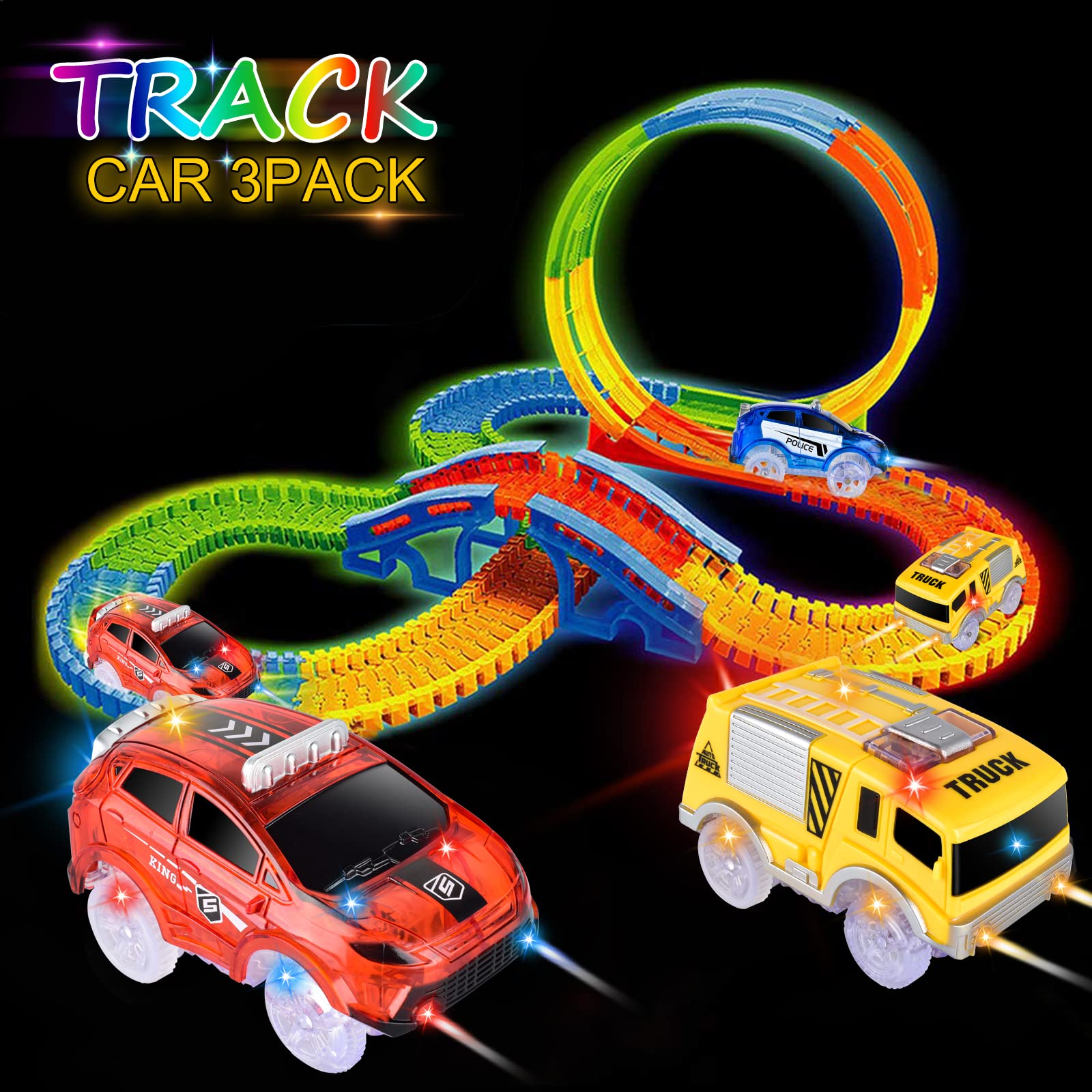 Track Cars Replacement Only Light Up Toy Cars with 5 Flashing LED Lights Toys Racing Car Track Accessories Compatible with Magic Tracks and Tracks with Most Track Cars for Boys and Girls (3 Pack)