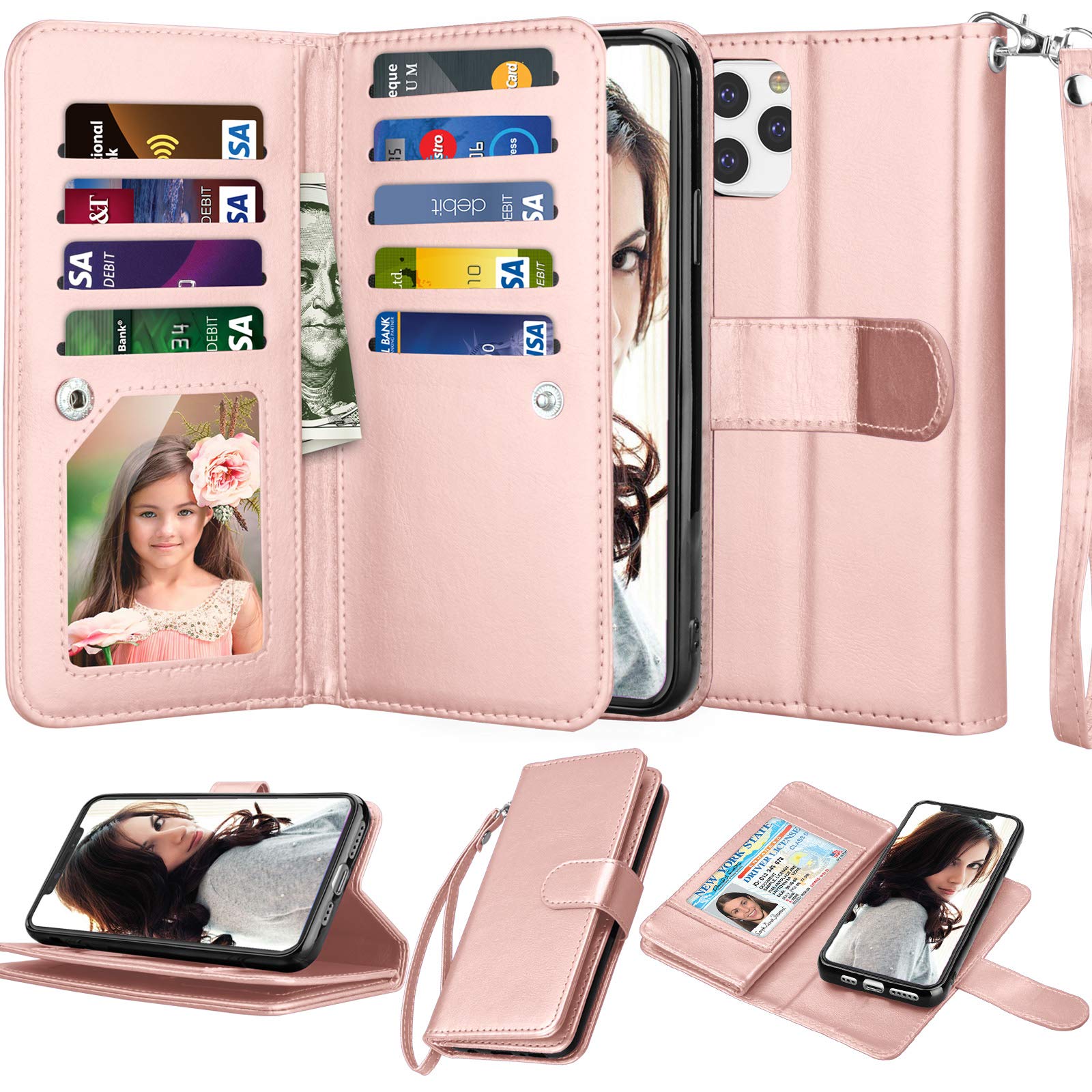 NJJEX Wallet Case for iPhone 11 PRO Max 2019, for iPhone 11 PRO Max Case (6.5"), [9 Card Slots] PU Leather ID Credit Holder Folio Flip [Detachable] Kickstand Magnetic Phone Cover & Lanyard -Rose Gold