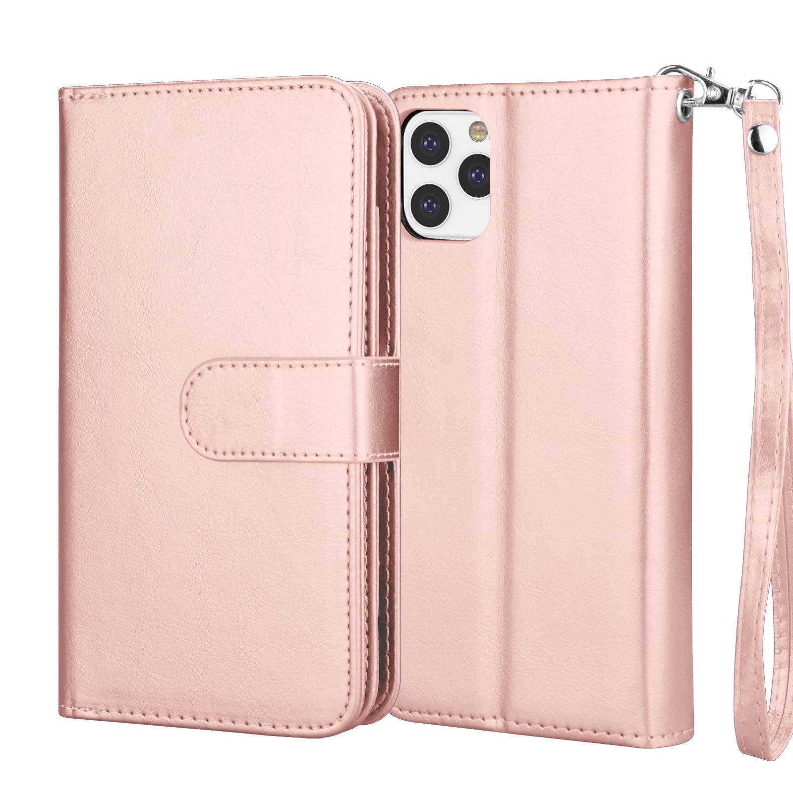 NJJEX Wallet Case for iPhone 11 PRO Max 2019, for iPhone 11 PRO Max Case (6.5"), [9 Card Slots] PU Leather ID Credit Holder Folio Flip [Detachable] Kickstand Magnetic Phone Cover & Lanyard -Rose Gold