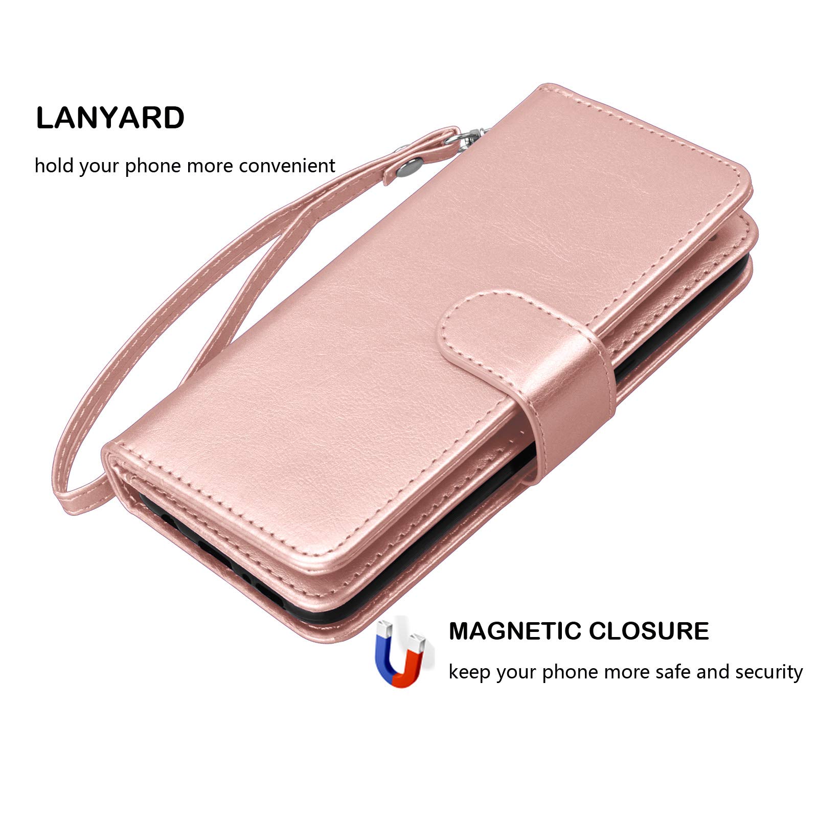 NJJEX Wallet Case for iPhone 11 PRO Max 2019, for iPhone 11 PRO Max Case (6.5"), [9 Card Slots] PU Leather ID Credit Holder Folio Flip [Detachable] Kickstand Magnetic Phone Cover & Lanyard -Rose Gold