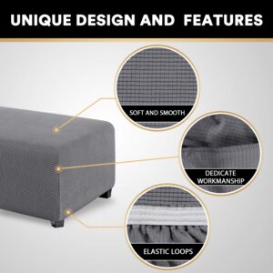 PrinceDeco Stretch Ottoman Cover Ottoman Slipcovers Rectangle for Living Room Foot Stool Stretch Covers to Fit Ottoman Foot Rest, Thick Checked Jacquard Fabric with Elastic Bottom (Large Size, Grey)