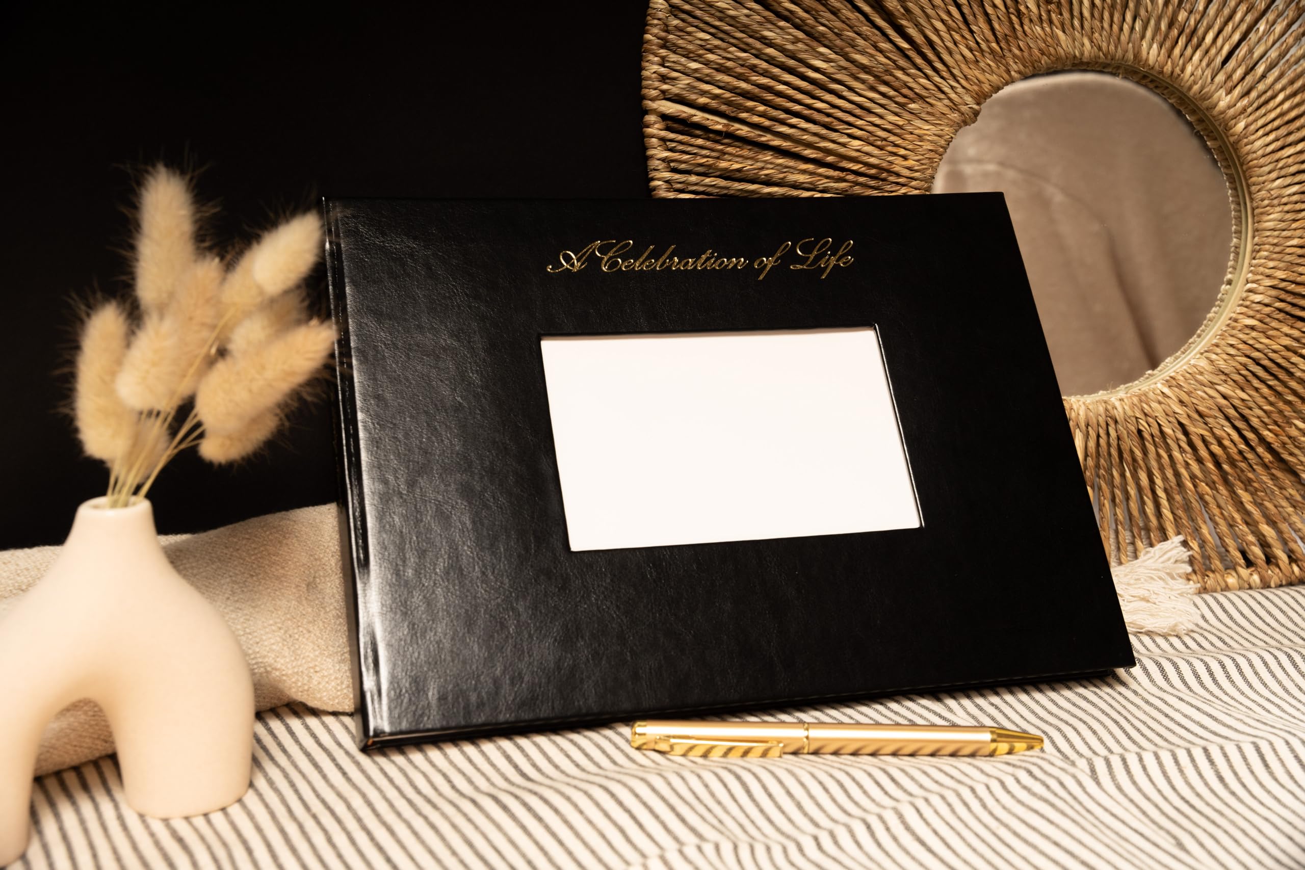 LIFETOO 12" x 8" A Celebration of Life Leather Hardcover Funeral Guest Book with Pen, 4 x 6 Photo Pocket - Memorial Guest Book for Sign in - 120 Pages, Space for Name, Address, Prayers & Memories