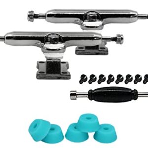 Teak Tuning Prodigy Fingerboard Trucks with Upgraded Lock Nuts, Silver Chrome Colorway - 32mm Wide - Includes Teal Pro Duro 61A Bubble Bushings