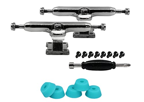 Teak Tuning Prodigy Fingerboard Trucks with Upgraded Lock Nuts, Silver Chrome Colorway - 32mm Wide - Includes Teal Pro Duro 61A Bubble Bushings