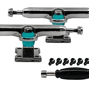 Teak Tuning Prodigy Fingerboard Trucks with Upgraded Lock Nuts, Silver Chrome Colorway - 32mm Wide - Includes Teal Pro Duro 61A Bubble Bushings