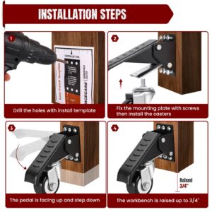 SPACECARE Workbench Casters Heavy Duty Retractable Casters Kit, Capacity 800Lbs Set of 4 Stepdown Casters Adjustable Polyurethane Durable Steel Construction