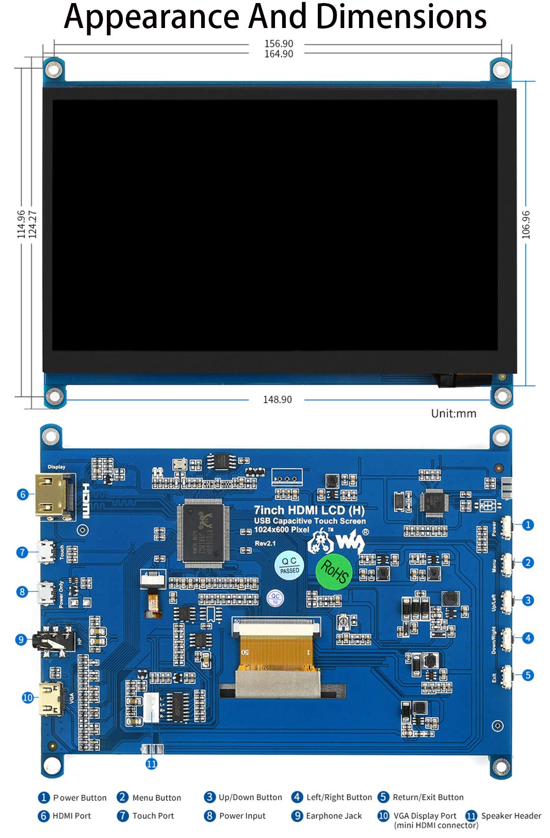 7inch HDMI LCD 1024x600 IPS Capacitive Touch Screen,HDMI/VGA Display Interface Support All Version Raspberry Pi 4B/3B+/3B/2B/Zero/Zero W/Zero WH,Jetson Nano BB Black Banana Pi Windows 10/8.1/8/7