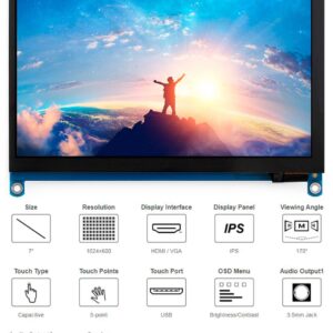 7inch HDMI LCD 1024x600 IPS Capacitive Touch Screen,HDMI/VGA Display Interface Support All Version Raspberry Pi 4B/3B+/3B/2B/Zero/Zero W/Zero WH,Jetson Nano BB Black Banana Pi Windows 10/8.1/8/7