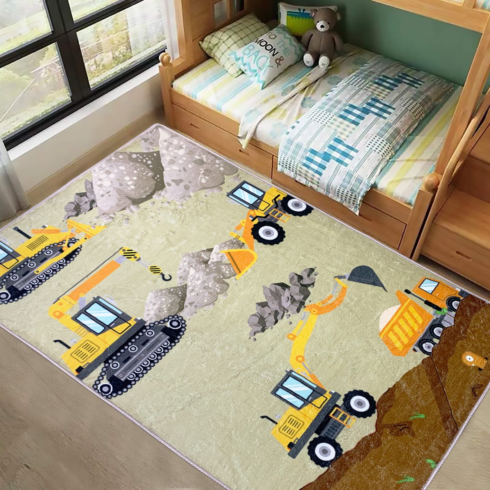 USTIDE Kids Carpet 3'2x5', Soft Construction Play Mat Washable Cartoon Excavator Boys Bedroom Rug Baby Crawling Play Mat Nursery Rug