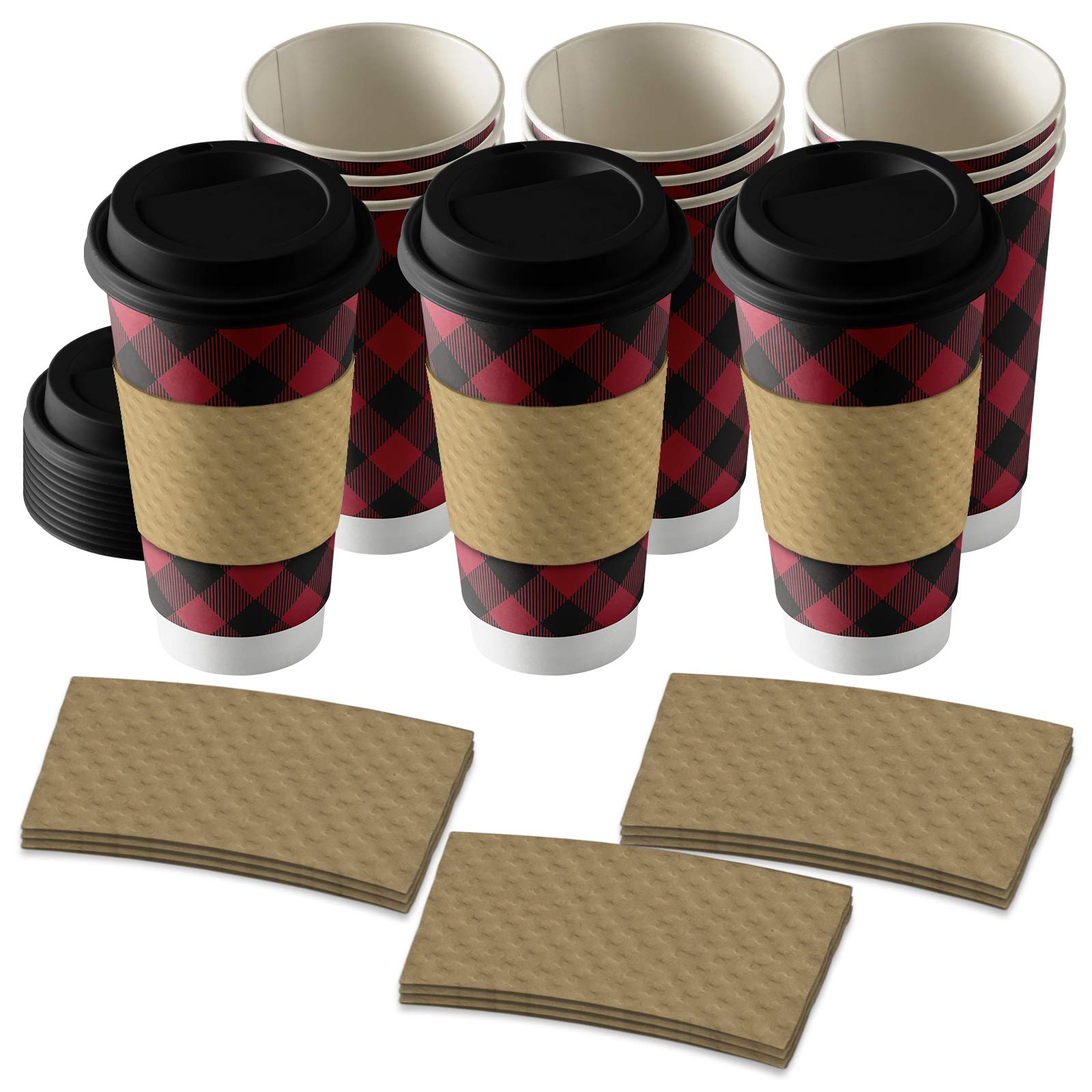 Live It Up! Party Supplies Disposable Coffee or Hot Chocolate Cups - Red and Black Buffalo Plaid (Buffalo Plaid, 12-ct with Blank Kraft Sleeves)