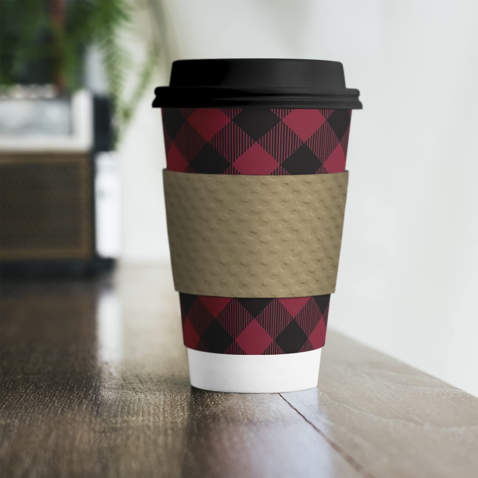 Live It Up! Party Supplies Disposable Coffee or Hot Chocolate Cups - Red and Black Buffalo Plaid (Buffalo Plaid, 12-ct with Blank Kraft Sleeves)