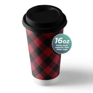 Live It Up! Party Supplies Disposable Coffee or Hot Chocolate Cups - Red and Black Buffalo Plaid (Buffalo Plaid, 12-ct with Blank Kraft Sleeves)