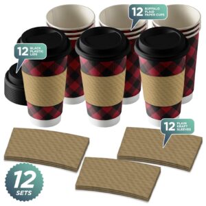 Live It Up! Party Supplies Disposable Coffee or Hot Chocolate Cups - Red and Black Buffalo Plaid (Buffalo Plaid, 12-ct with Blank Kraft Sleeves)