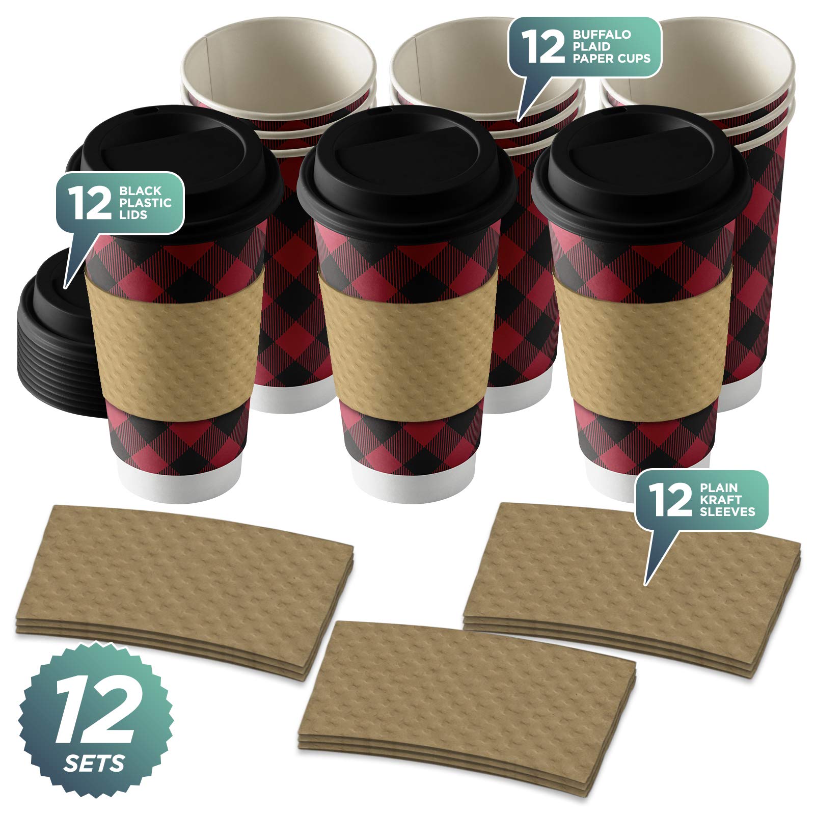 Live It Up! Party Supplies Disposable Coffee or Hot Chocolate Cups - Red and Black Buffalo Plaid (Buffalo Plaid, 12-ct with Blank Kraft Sleeves)