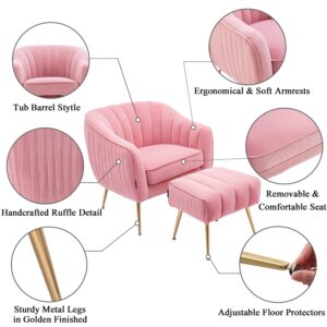 Altrobene Velvet Accent Chair, Modern Barrel Chair with Ottoman, Arm Pub Chair for Living Room/Bedroom/Nail Salon, Blush Pink, Golden Finished, Suitable for Small Spaces