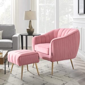 Altrobene Velvet Accent Chair, Modern Barrel Chair with Ottoman, Arm Pub Chair for Living Room/Bedroom/Nail Salon, Blush Pink, Golden Finished, Suitable for Small Spaces