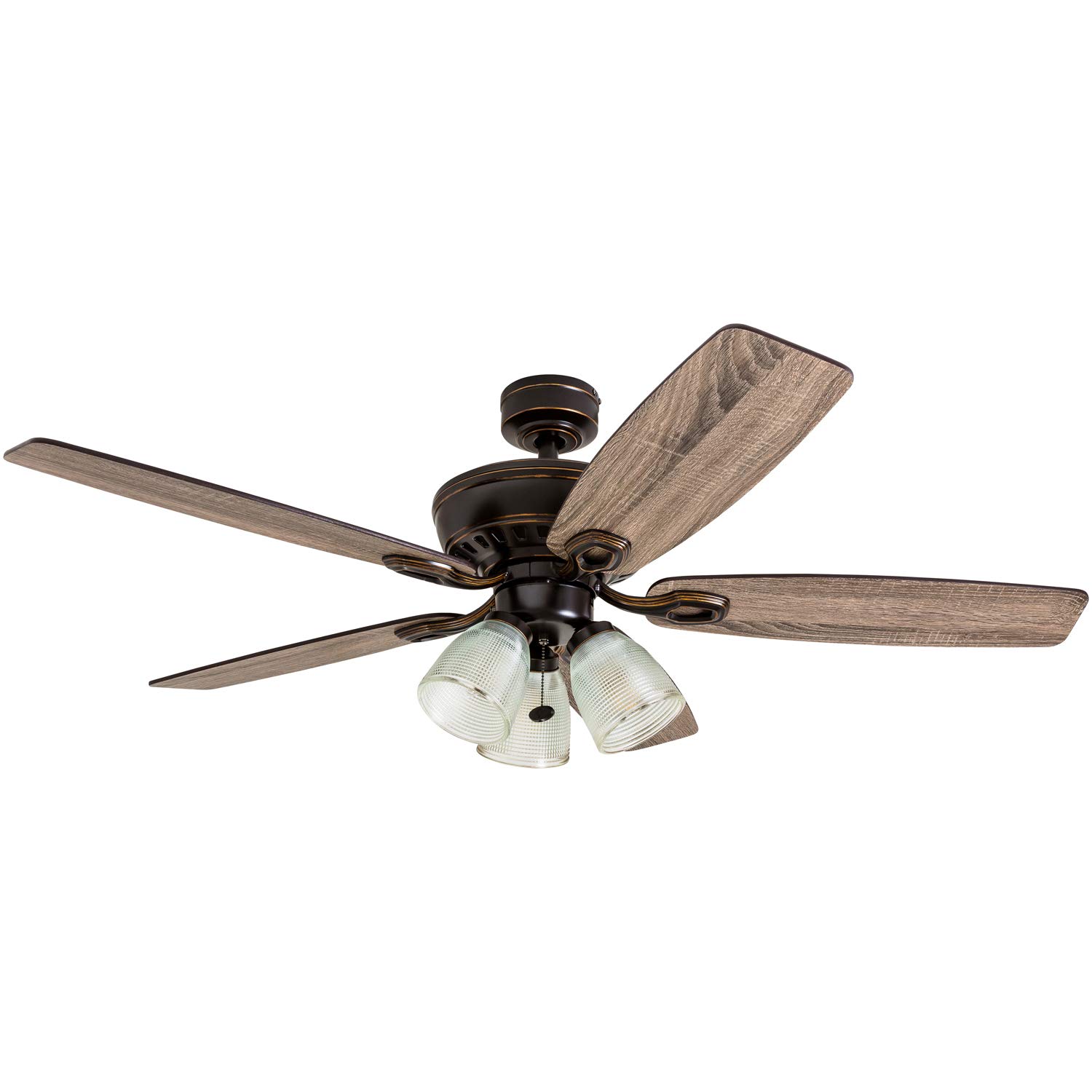 Prominence Home Marston, 52 Inch Traditional Indoor LED Ceiling Fan with Light, Pull Chain, Three Mounting Options, 5 Dual Finish Blades, Reversible Motor - 51017-01 (Oil Rubbed Bronze)