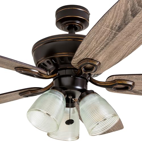 Prominence Home Marston, 52 Inch Traditional Indoor LED Ceiling Fan with Light, Pull Chain, Three Mounting Options, 5 Dual Finish Blades, Reversible Motor - 51017-01 (Oil Rubbed Bronze)