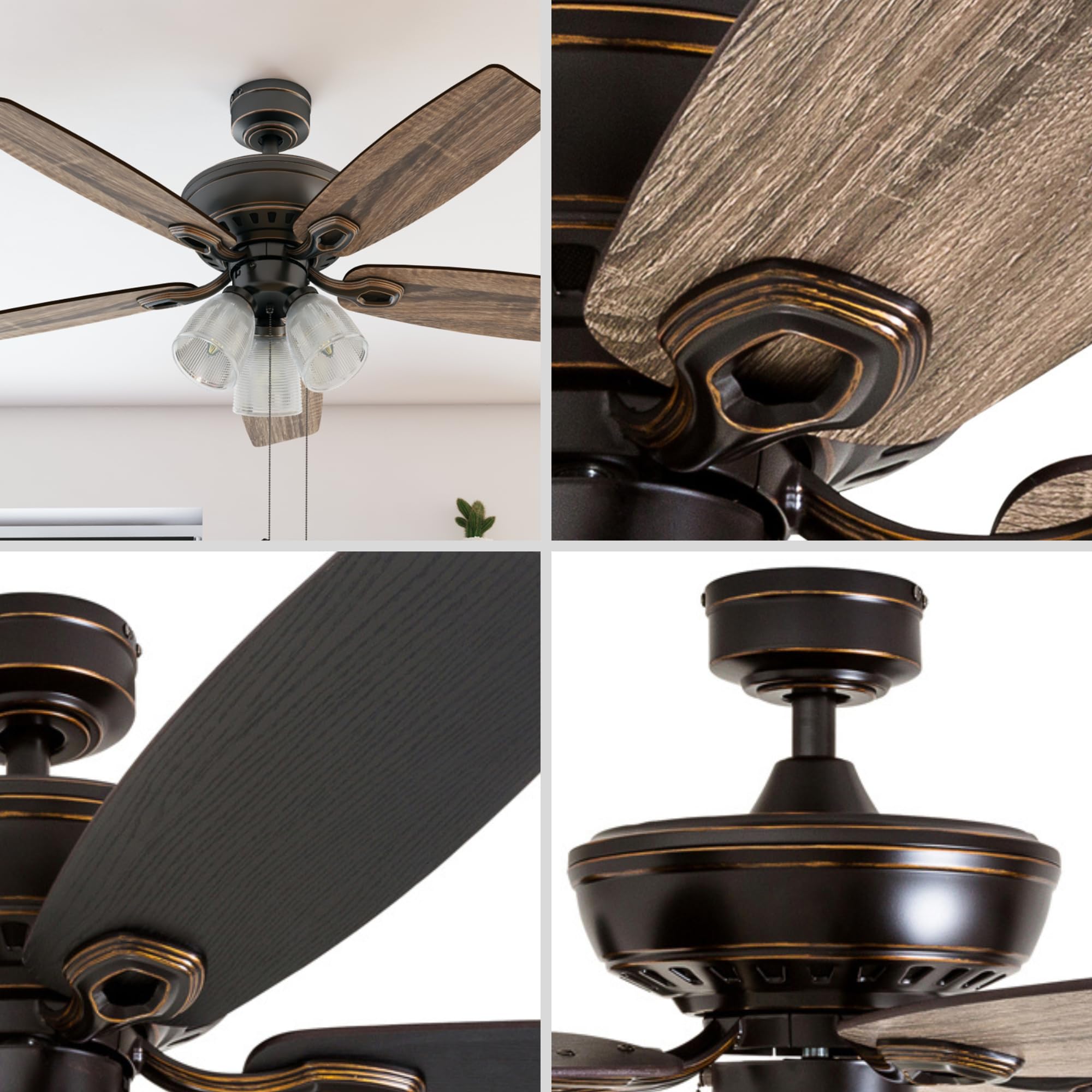 Prominence Home Marston, 52 Inch Traditional Indoor LED Ceiling Fan with Light, Pull Chain, Three Mounting Options, 5 Dual Finish Blades, Reversible Motor - 51017-01 (Oil Rubbed Bronze)