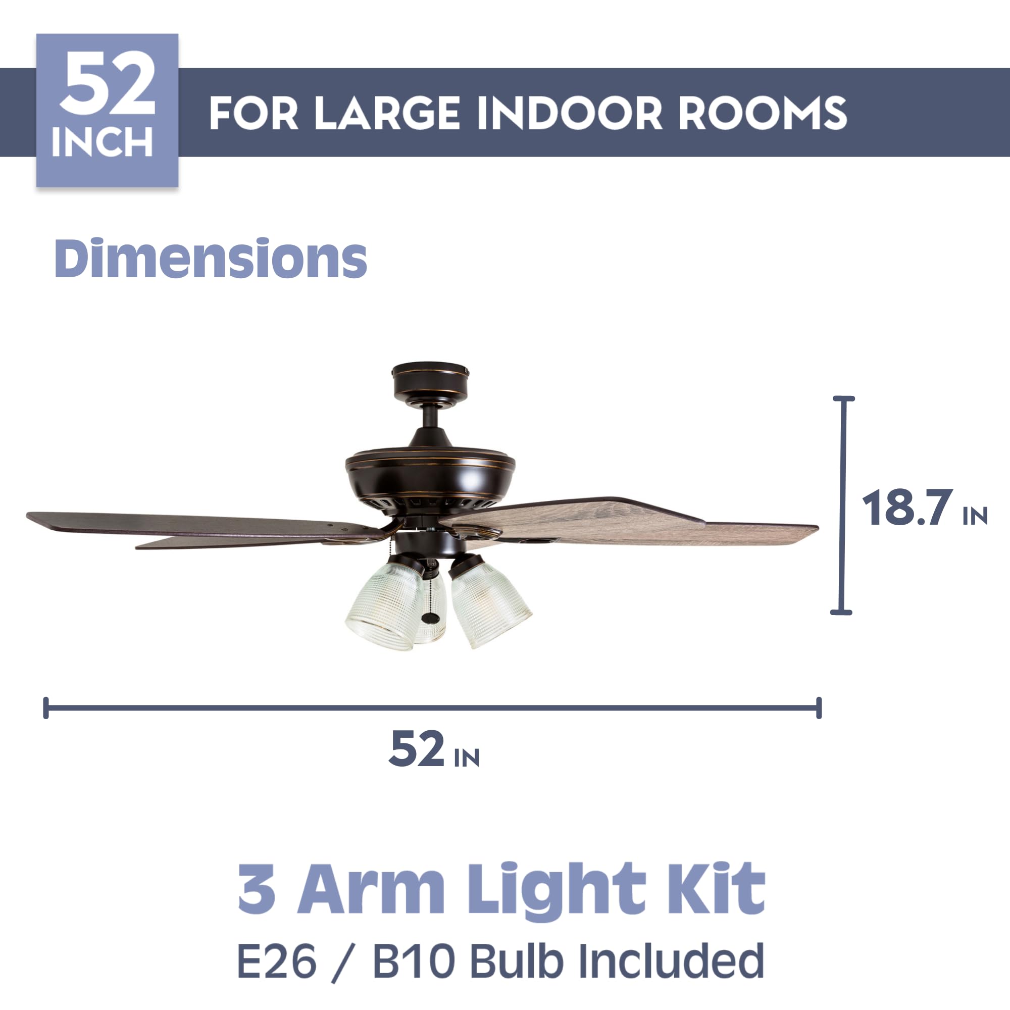 Prominence Home Marston, 52 Inch Traditional Indoor LED Ceiling Fan with Light, Pull Chain, Three Mounting Options, 5 Dual Finish Blades, Reversible Motor - 51017-01 (Oil Rubbed Bronze)