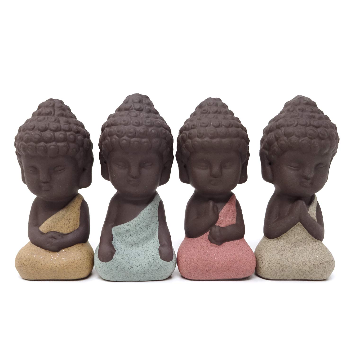 Honbay 4PCS Cute Small Ceramic Buddha Statues Monk Figurines Sculptures for Outdoor Home Decoration