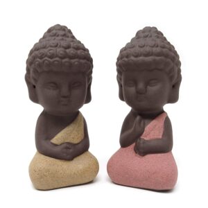 Honbay 4PCS Cute Small Ceramic Buddha Statues Monk Figurines Sculptures for Outdoor Home Decoration