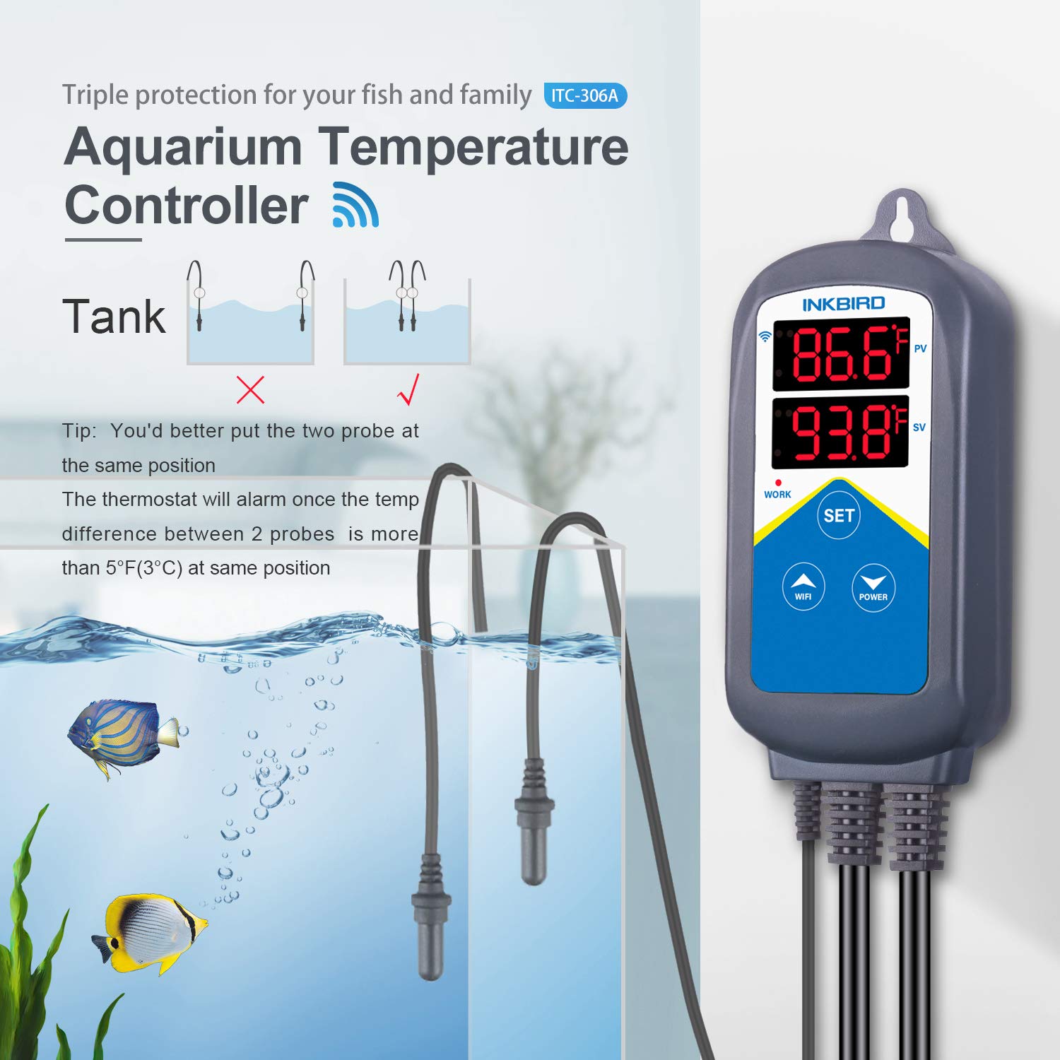 Inkbird ITC-306A WiFi Temperature Controller, Wi-Fi Aquarium Thermostat Heater Controller 120V~1200W Temperature Control with Two Probes only for Heater Aquarium Breeding Reptiles Hatching.