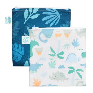 bumkins reusable sandwich and snack bags, for kids school lunch and for adults portion, washable fabric, waterproof cloth zip bag, travel pouch, food-safe, large 2-pk blue tropic and dinosaurs