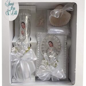 SWEA Pea & Lilli White Virgin Mary Baptism Candle Set Kit for Christenings with Shell and Favors