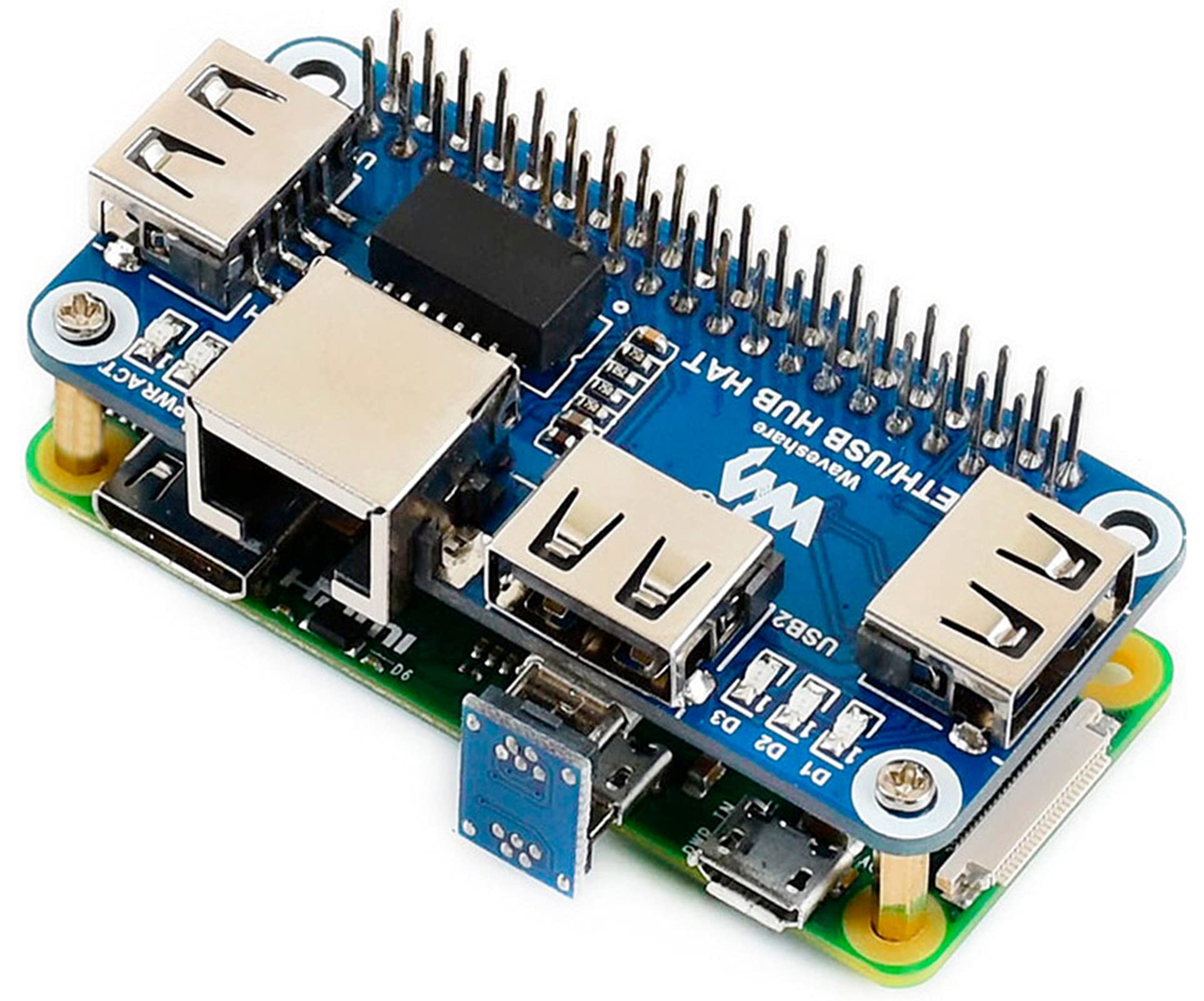 Ethernet/USB HUB HAT Expansion Board for Raspberry Pi 4B/3B+/3B/2B/Zero/Pi Zero W/Pi Zero 2W,with RJ45 10/100M Ethernet Port (Based on RTL8152B Chip) and Three USB Ports,Compatible with USB2.0/1.1