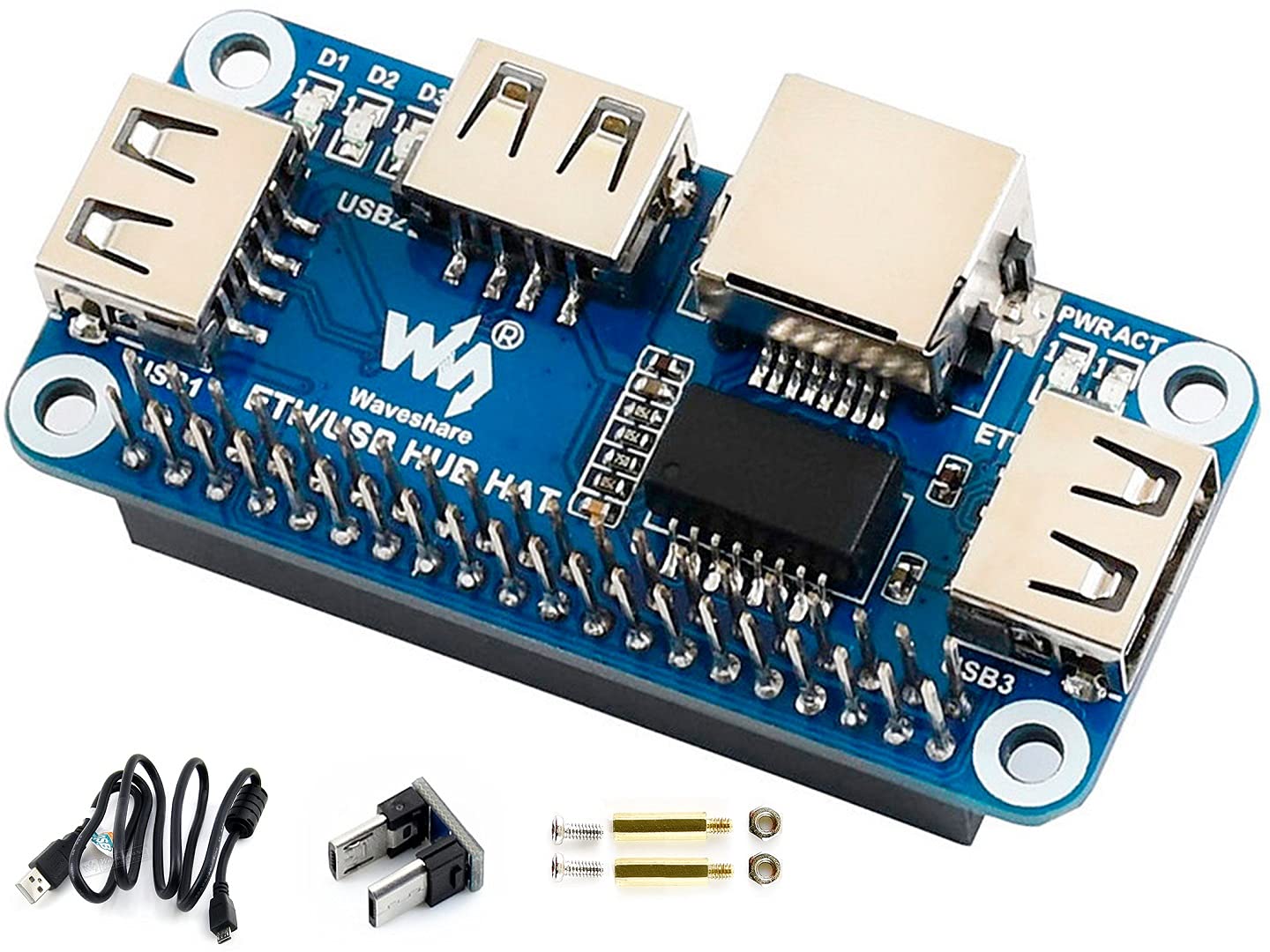 Ethernet/USB HUB HAT Expansion Board for Raspberry Pi 4B/3B+/3B/2B/Zero/Pi Zero W/Pi Zero 2W,with RJ45 10/100M Ethernet Port (Based on RTL8152B Chip) and Three USB Ports,Compatible with USB2.0/1.1