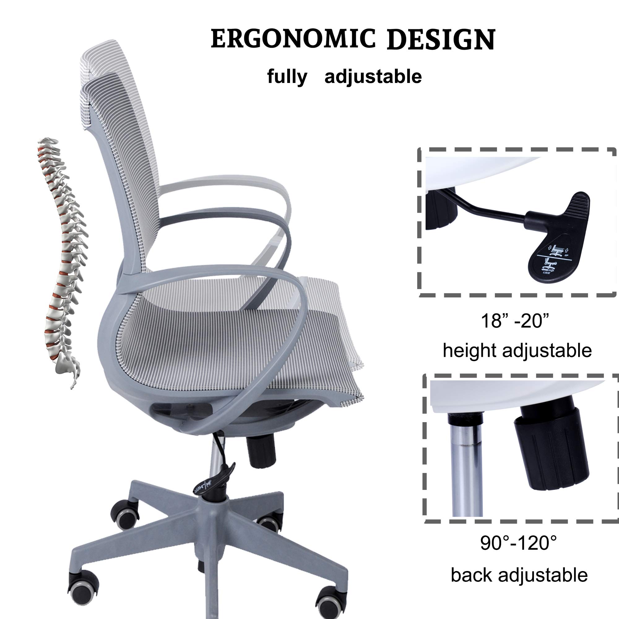 LUCKYERMORE Home Office Chair Desk Chairs Swivel Computer Chair with Arm 300Lb Capacity Mid Back Mesh Chair Breathable Back Seat Height Adjustable for Conference Work Read Rest, Grey