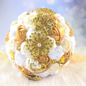 abbie home advanced customization romantic bride wedding holding toss bouquet creamy white rose brooch with pearls and rhinestone decorative brooches accessories-(champagne + white + ivory)