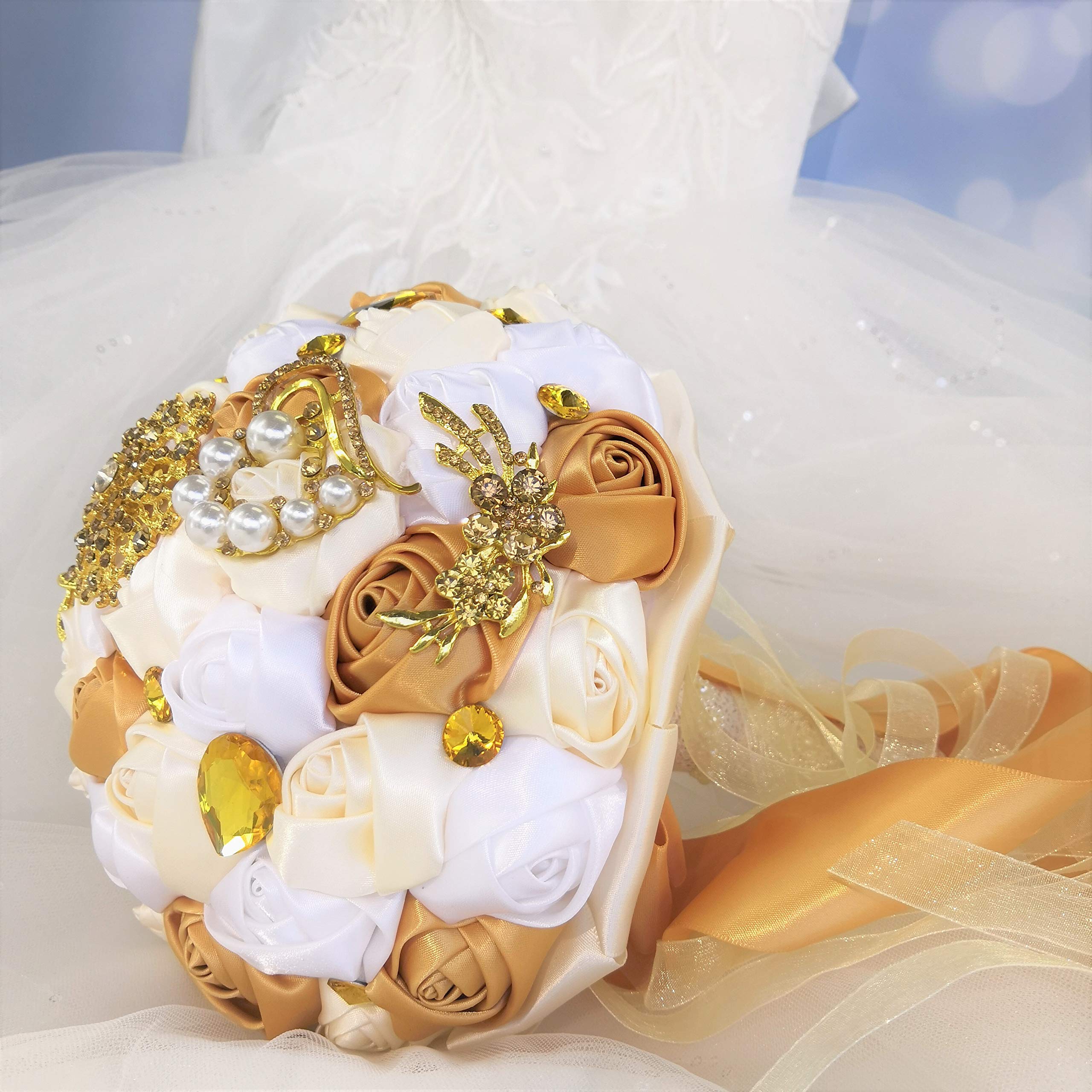 Abbie Home Advanced Customization Romantic Bride Wedding Holding Toss Bouquet Creamy White Rose Brooch with Pearls and Rhinestone Decorative brooches Accessories-(Champagne + White + Ivory)