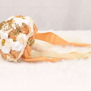 Abbie Home Advanced Customization Romantic Bride Wedding Holding Toss Bouquet Creamy White Rose Brooch with Pearls and Rhinestone Decorative brooches Accessories-(Champagne + White + Ivory)