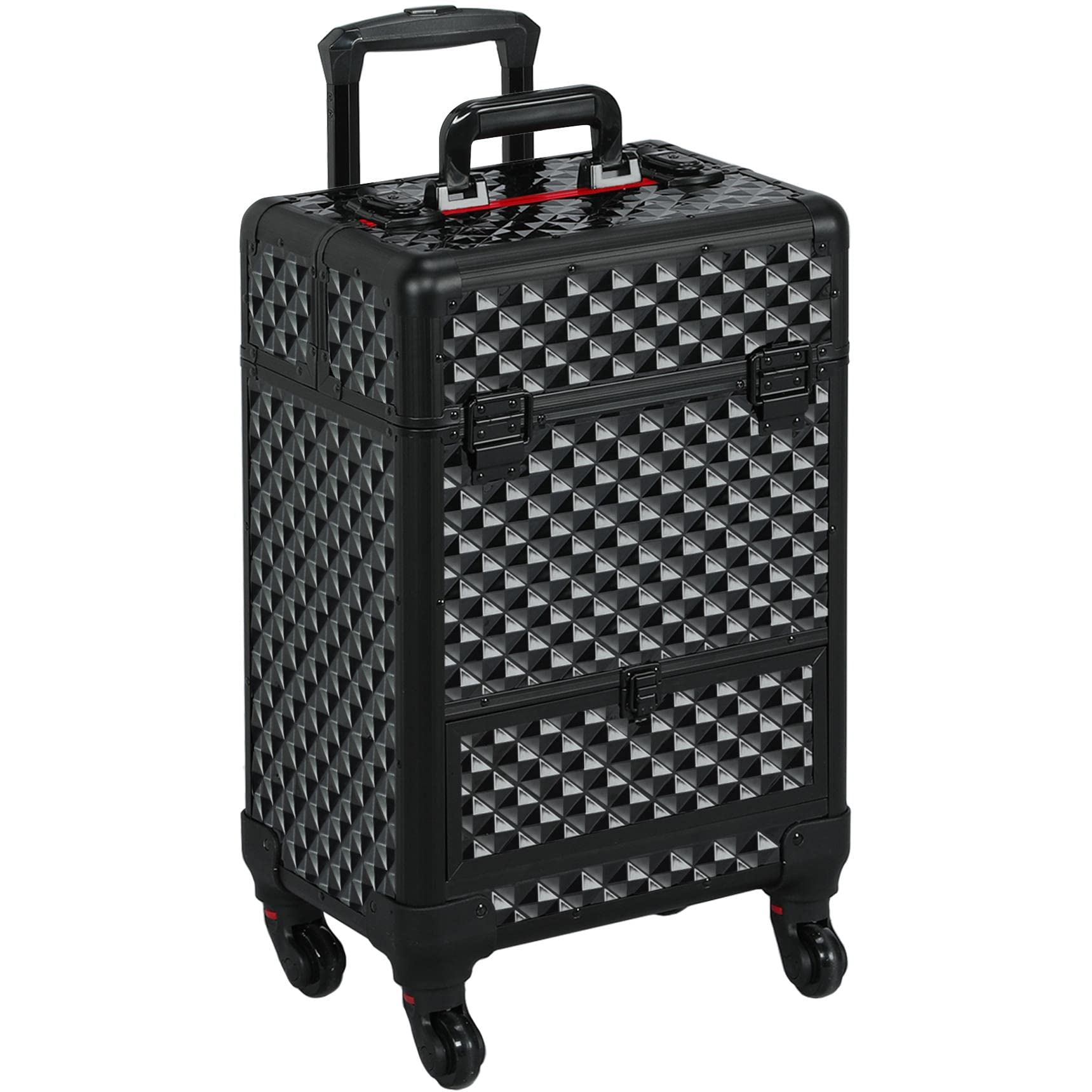 Yaheetech Rolling Makeup Train Case Aluminum Cosmetic Case with Wheels Barber Case Salon Lockable Travel Trolley with Sliding Drawers Removable Divider, Black/Red