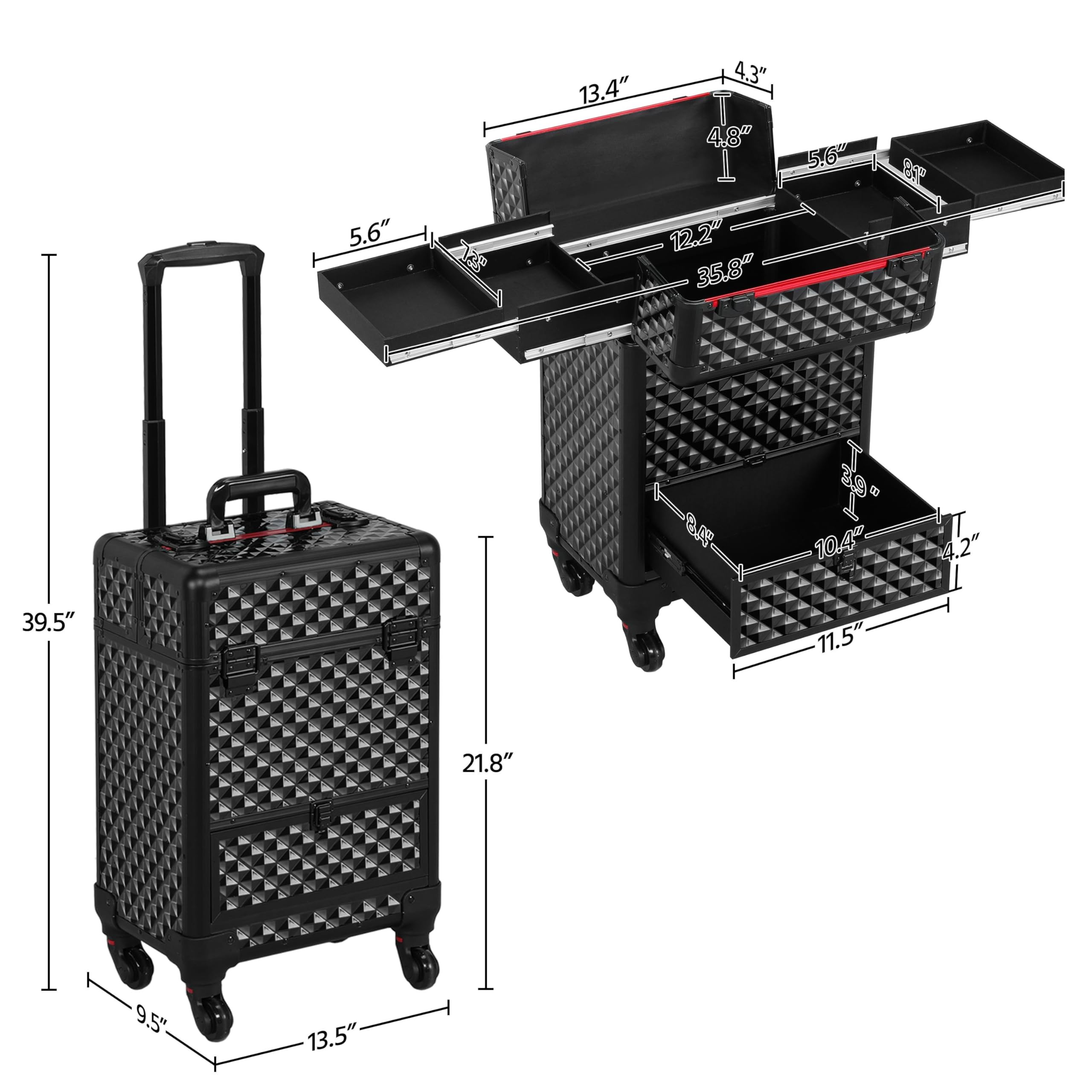 Yaheetech Rolling Makeup Train Case Aluminum Cosmetic Case with Wheels Barber Case Salon Lockable Travel Trolley with Sliding Drawers Removable Divider, Black/Red