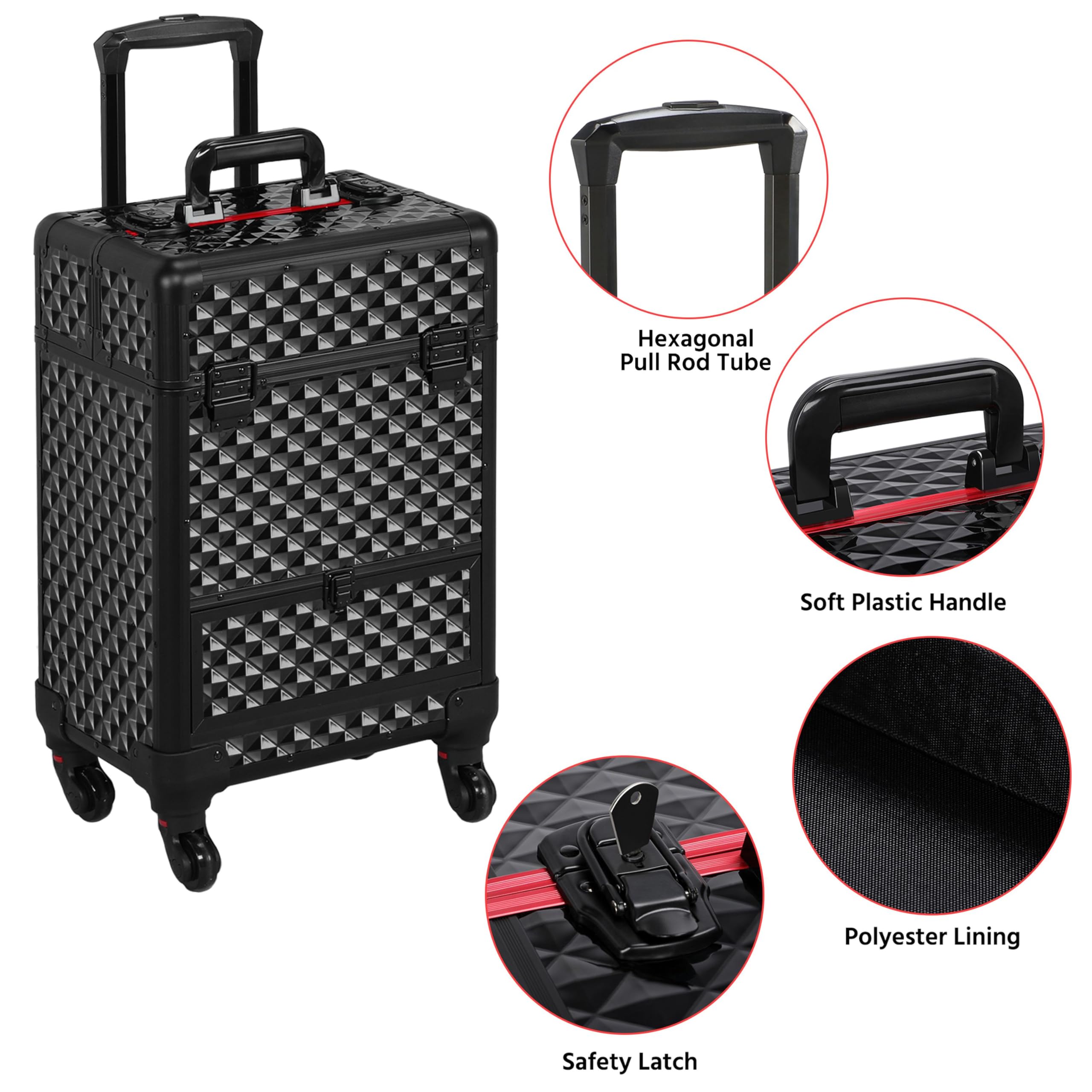 Yaheetech Rolling Makeup Train Case Aluminum Cosmetic Case with Wheels Barber Case Salon Lockable Travel Trolley with Sliding Drawers Removable Divider, Black/Red