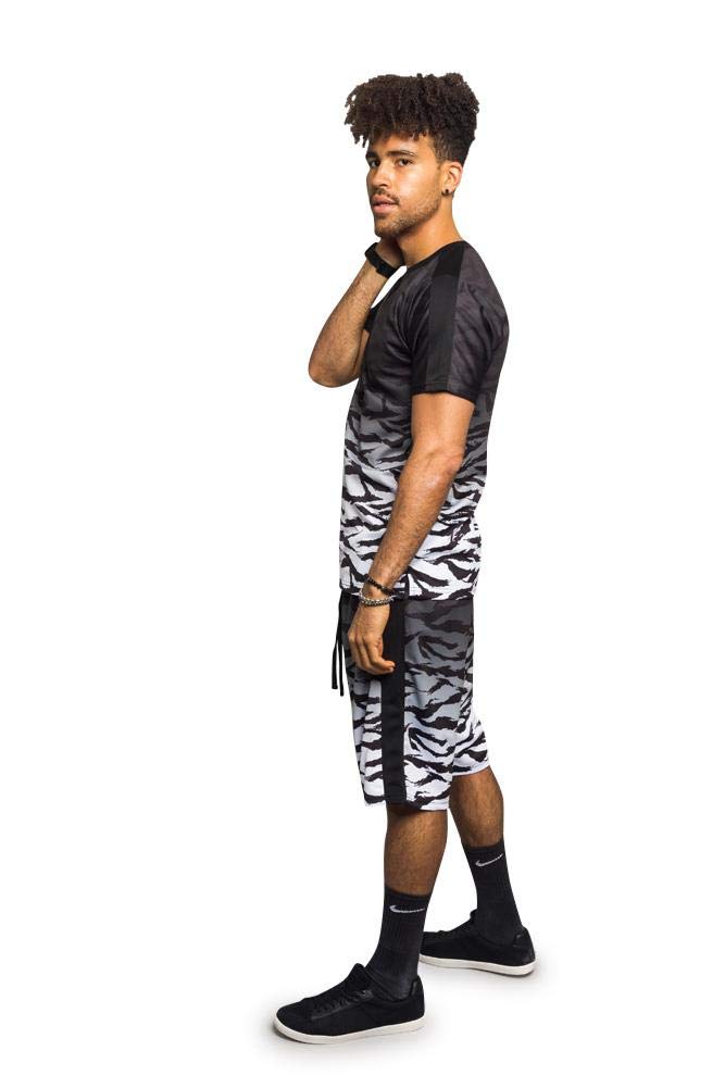 Victorious Men's Dip Dye Gradient Tiger Camo Tracksuit Set Short Sleeve Top and Shorts ST400 - Black - Medium - AA14I