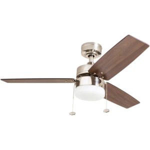 prominence home reston, 42 inch modern farmhouse led ceiling fan with light, pull chain, dual mounting options, dual finish blades, reversible motor - 51014-01 (brushed nickel)