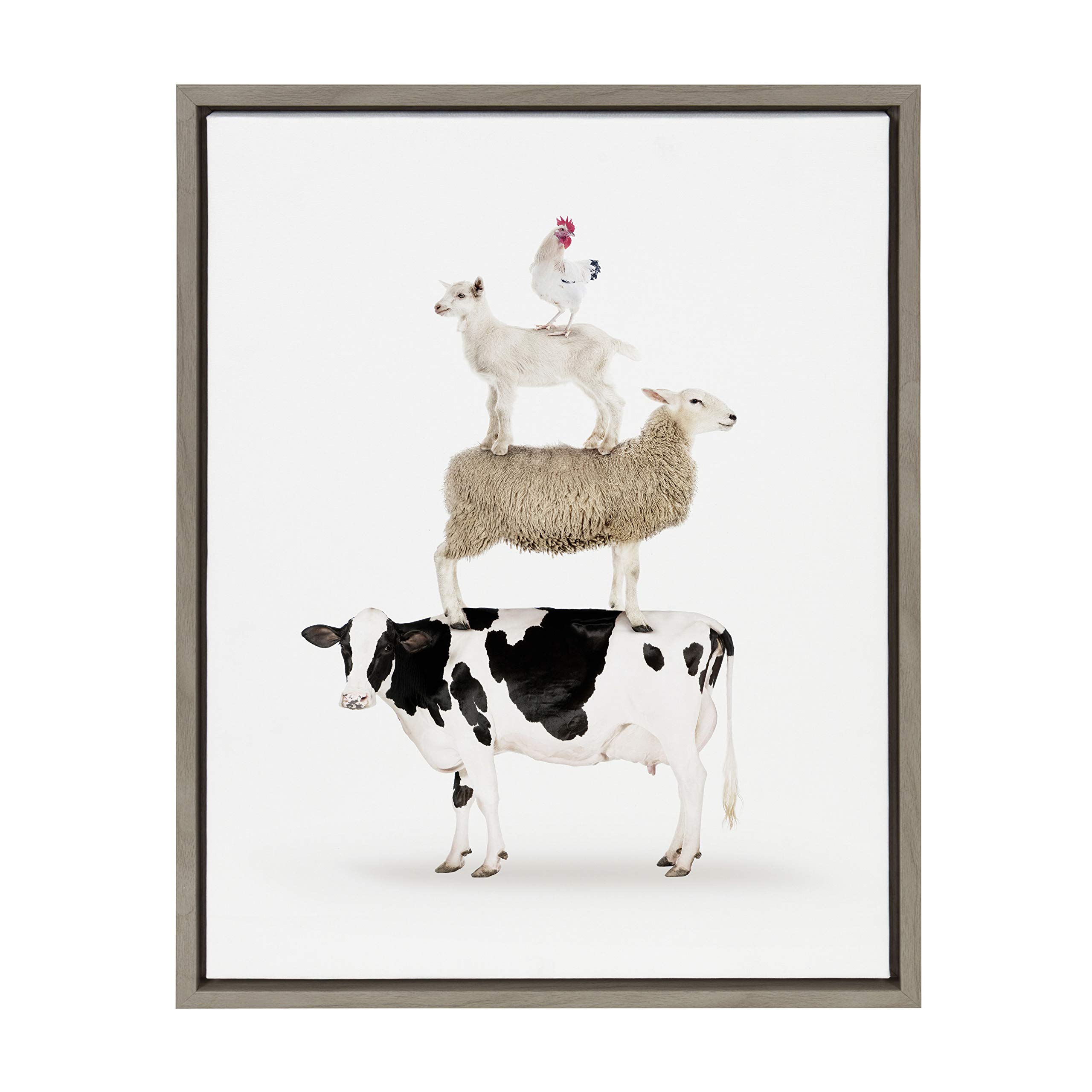 Kate and Laurel Sylvie Stacked Farm Animals Framed Canvas Wall Art By Amy Peterson, 18x24 Gray, Funny Farm Animal Wall Decor