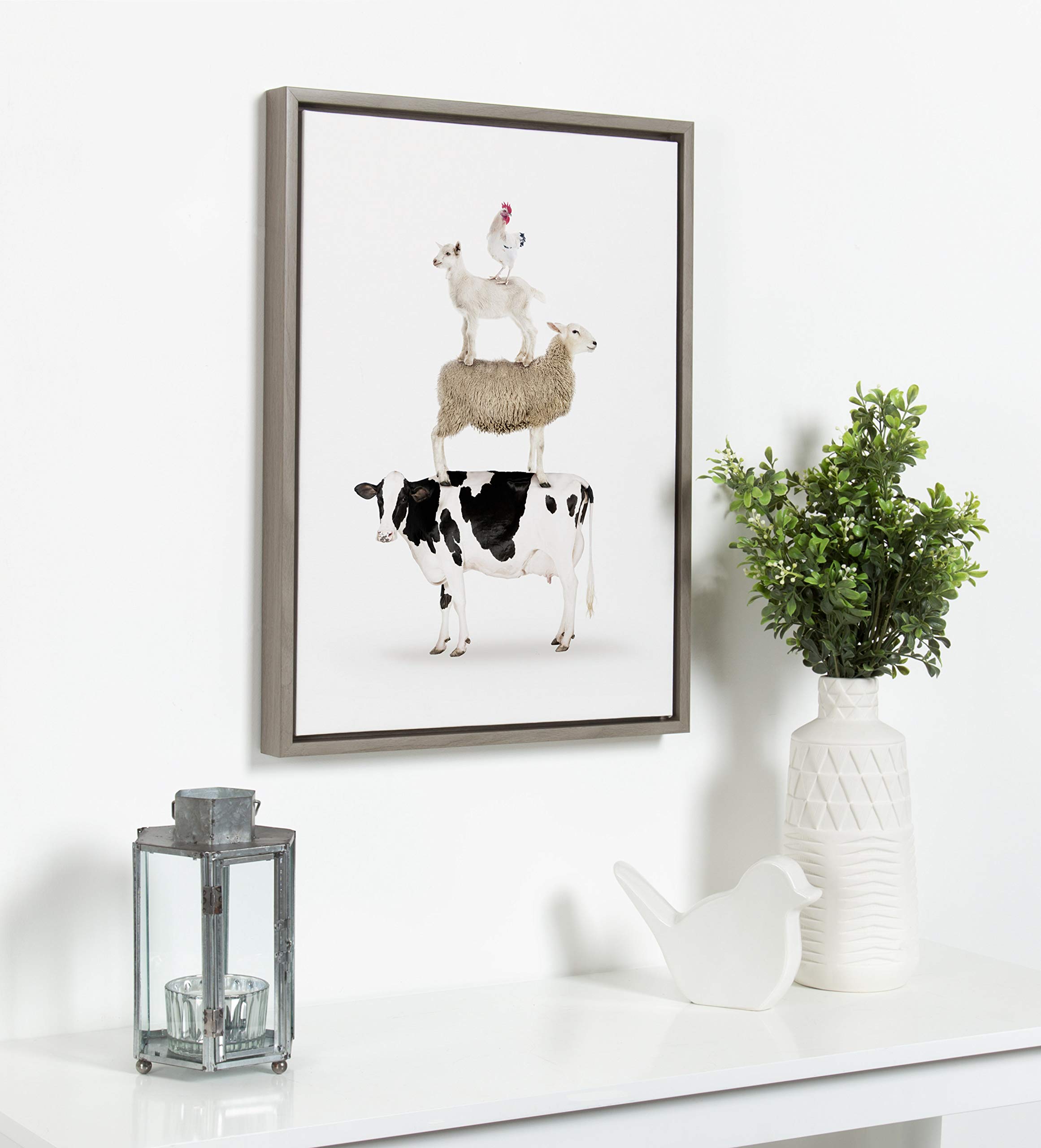 Kate and Laurel Sylvie Stacked Farm Animals Framed Canvas Wall Art By Amy Peterson, 18x24 Gray, Funny Farm Animal Wall Decor