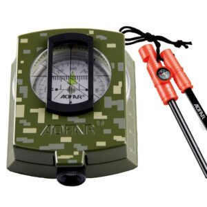 AOFAR Military Compass and Fire Starter AF-4580/381 Lensatic Sighting, Survival Kit,Waterproof and Shakeproof Measure Distance Calculator and Pouch for Camping, Hiking, Hunting, Backpacking